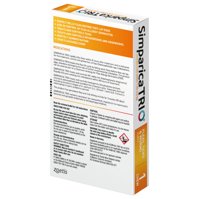 Simparica TRIO Puppy 1.25-2.5kg Single Chew | Buy Online from Vet Post NZ | Fast Delivery